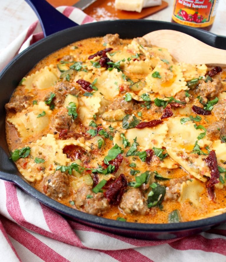 One Pot Ravioli with Creamy Pesto Sauce & Sausage