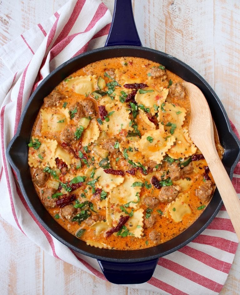 One Pot Ravioli with Creamy Pesto Sauce & Sausage
