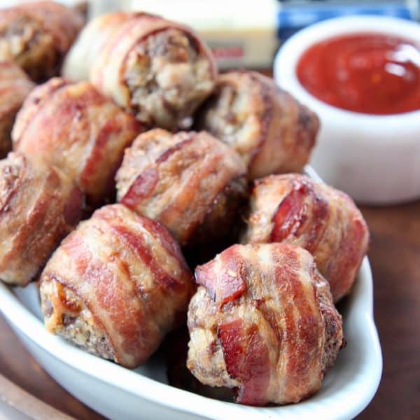 Cheesy Bacon Wrapped Meatballs - WhitneyBond.com